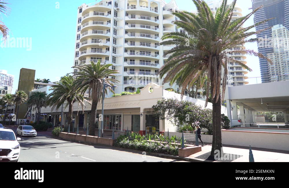 Beautiful city architecture buildings with palm trees in street, dolly ...