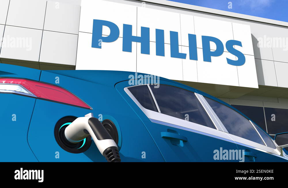 PHILIPS logo and the electric car plug. Editorial conceptual 3d ...