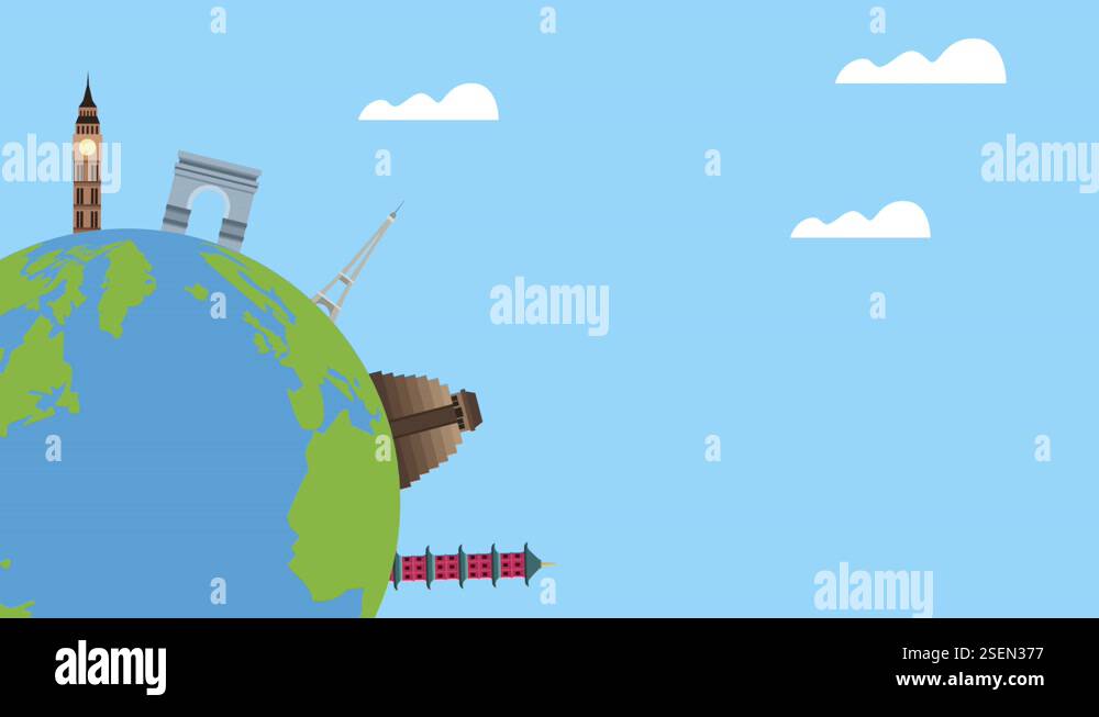 world tourism day animation with earth planet and landmarks Stock Video ...
