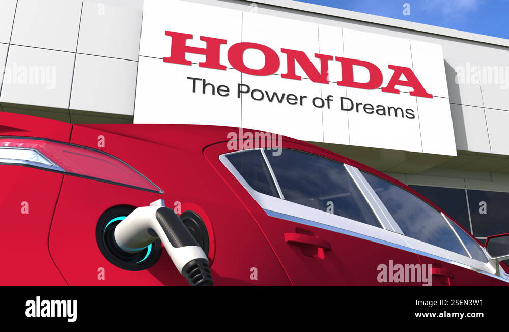 HONDA logo and the electric car plug. Editorial conceptual 3d animation ...