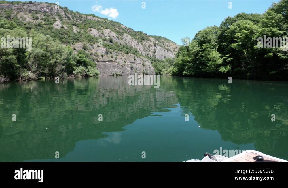 A boat floating on Matka Lake in the Matka Canyon near Skopje Macedonia ...
