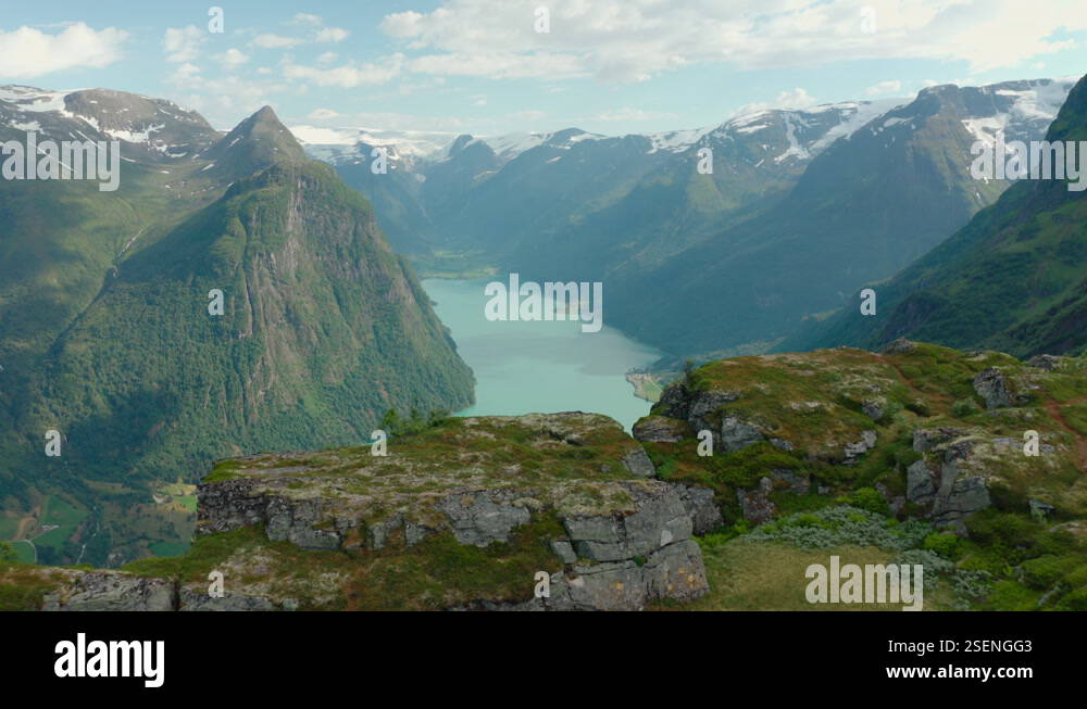 Panorama Of Oldevatnet Lake Between Green Mountains From Klovane Peak ...
