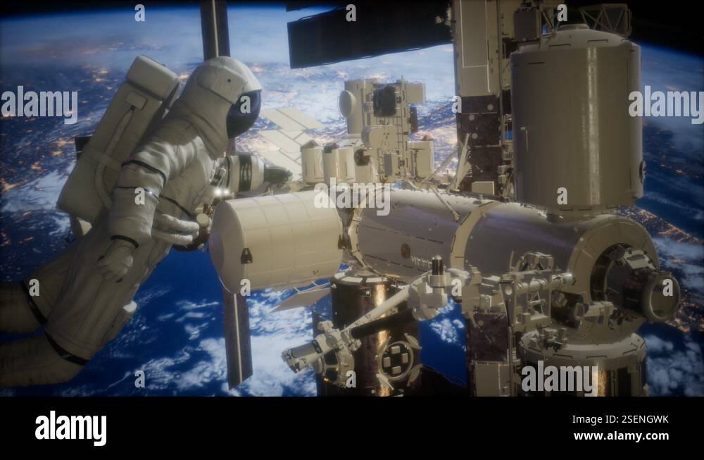 International Space Station and astronaut in outer space over the ...
