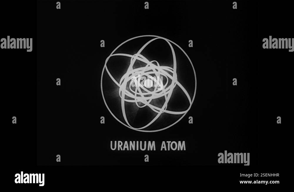 1940s: Illustration of uranium atom. Explosion. Two atoms, barium ...