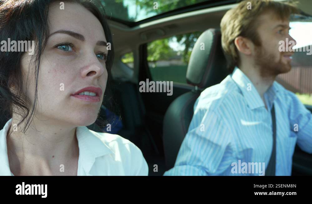 Young Couple with Child Ride Drive SUV with Panoramic Glass Roof ...