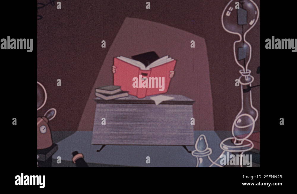 1950s: Building labeled Science. Man behind desk with atom for head ...