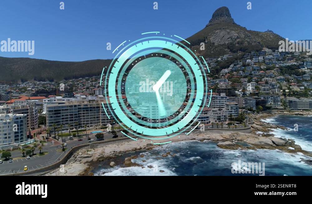 Animation of rotating hands on clock over mountain and modern coastal ...