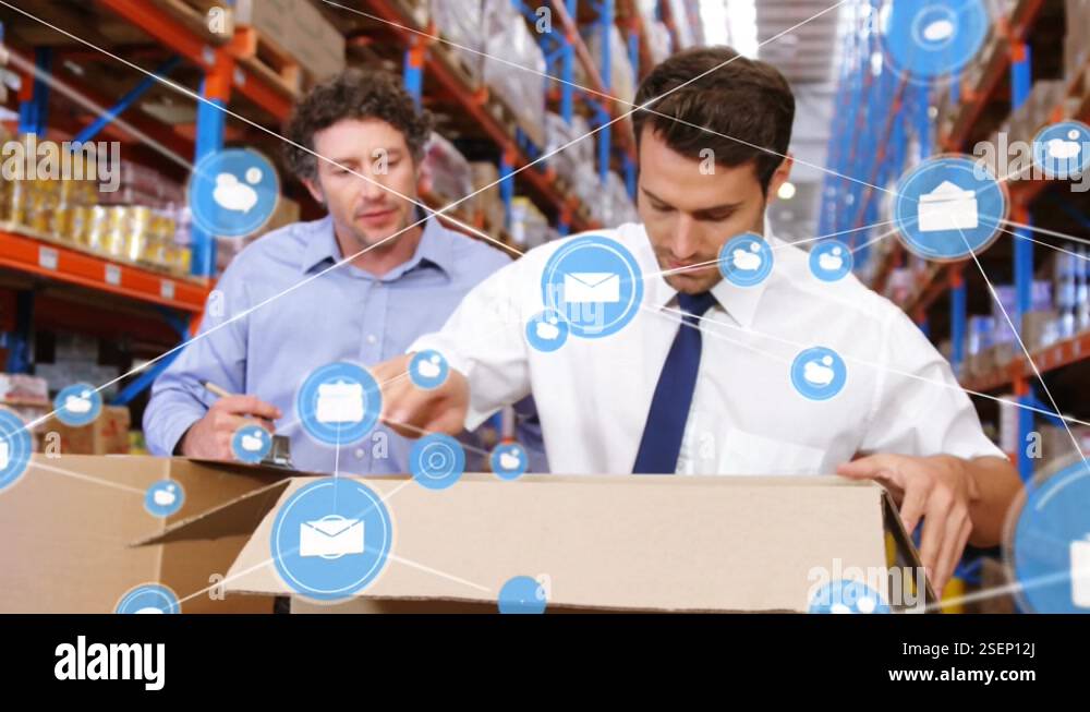Animation of networks of connections with icons over people working in warehouse Stock Video ...