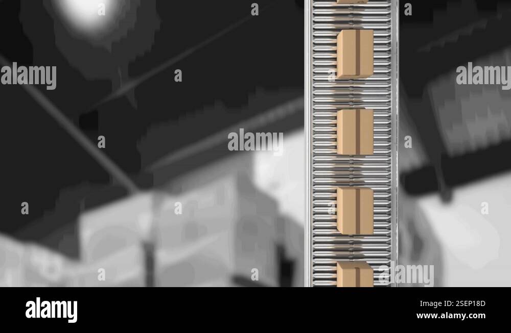 Animation of cardboard boxes moving on conveyor belt over warehouse ...