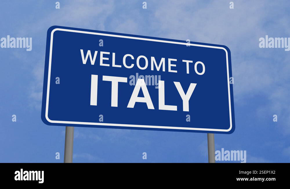Welcome to Italy Road Sign on Clear Blue Sky with Rapid Moving Clouds Stock Video Footage - Alamy