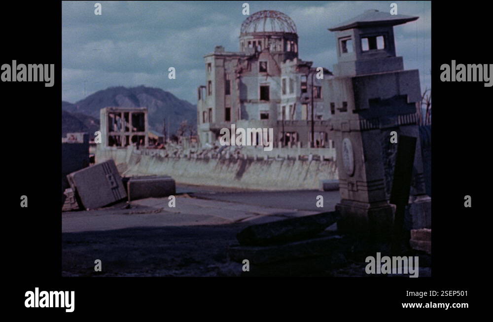 1940s: Remains of bombed buildings in Hiroshima. Stone structure with ...
