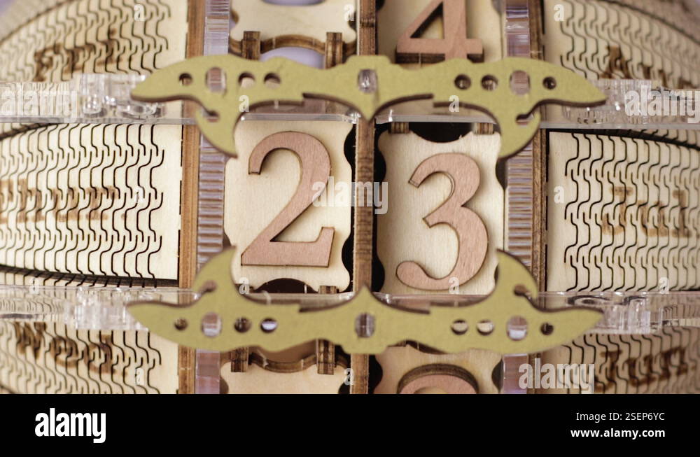 Close Up Of Wooden Time Engine Calendar Changing Date Stock Video ...
