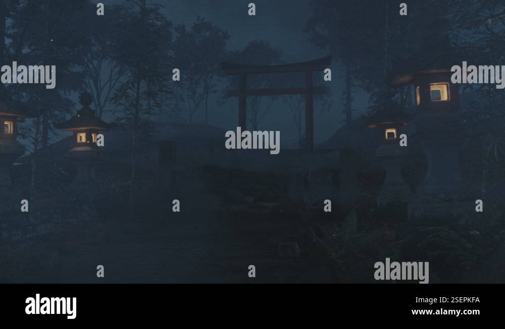 animation of an old japanese shrine with torii gate and stone lantern ...