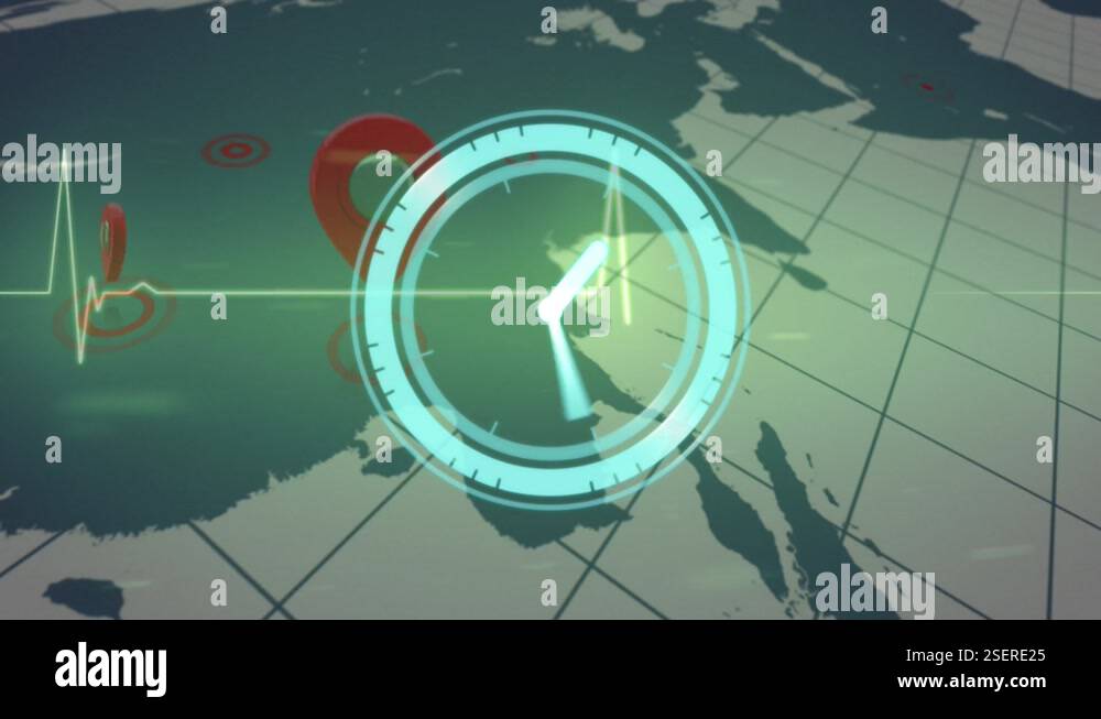 Animation of clock with hands rotating over heart rate monitor and geo ...