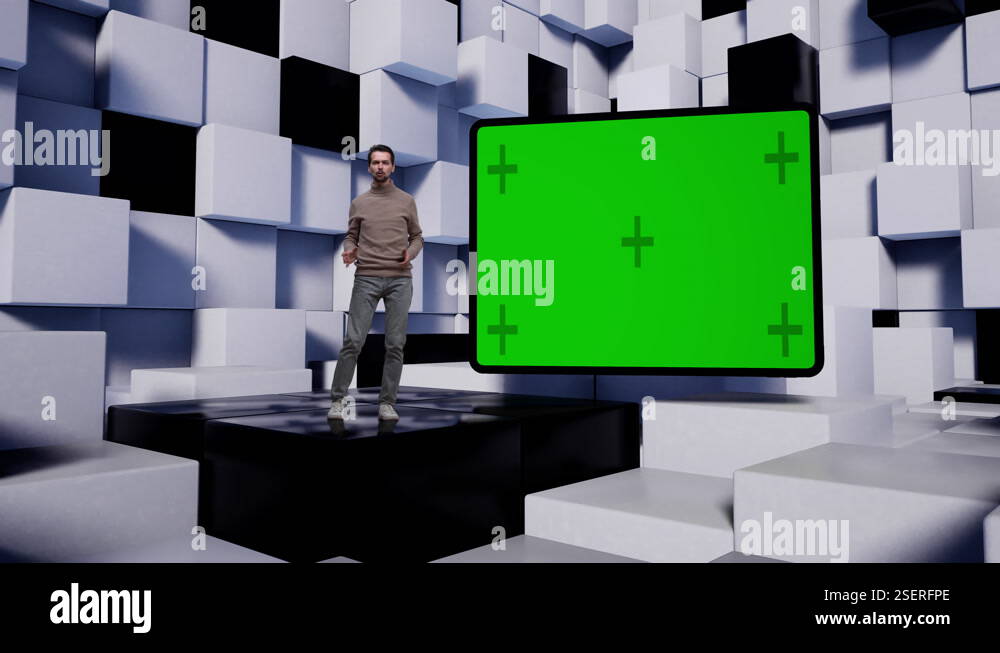 Tv presenter in virtual studio news with white and black cubes Stock ...