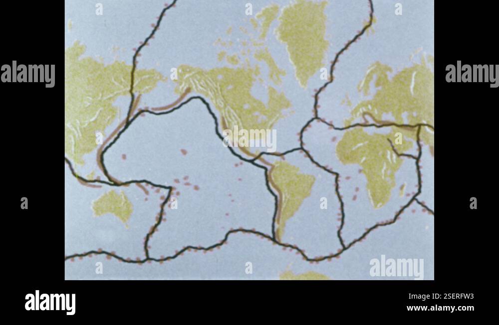 1970s: Map illustrates volcanoes across globe. Lines of Earth's ...