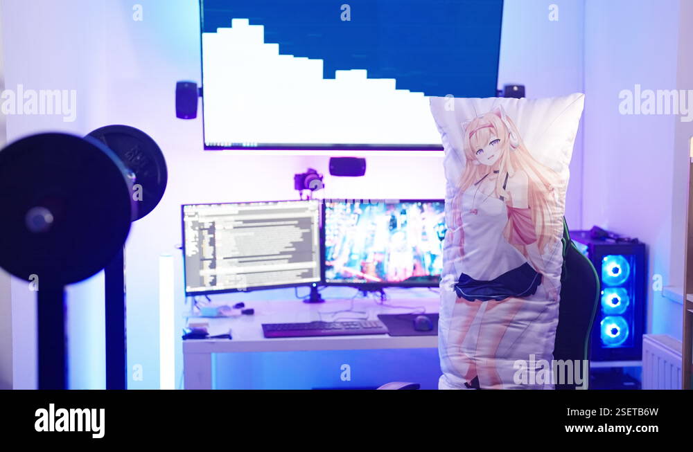 Otaku dream cyber space with anime girl dakimakura hug pillow on gaming ...