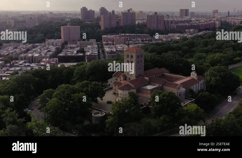 Clockwise aerial orbit approach of The Cloisters museum in Upper ...