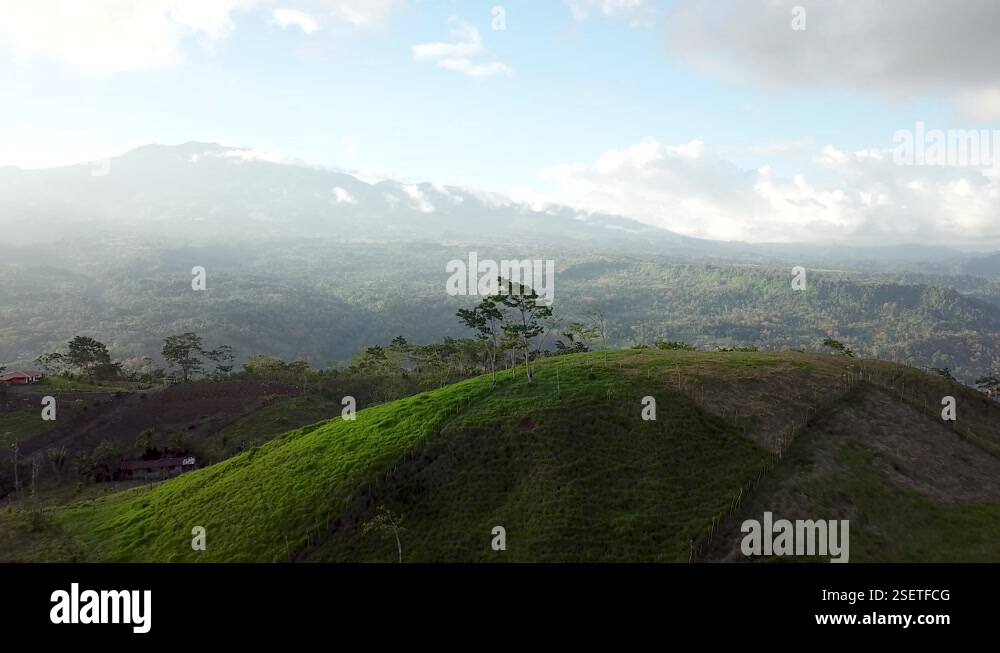 Drone green grass valley meadow clouds mountain tree on hill in Costa ...