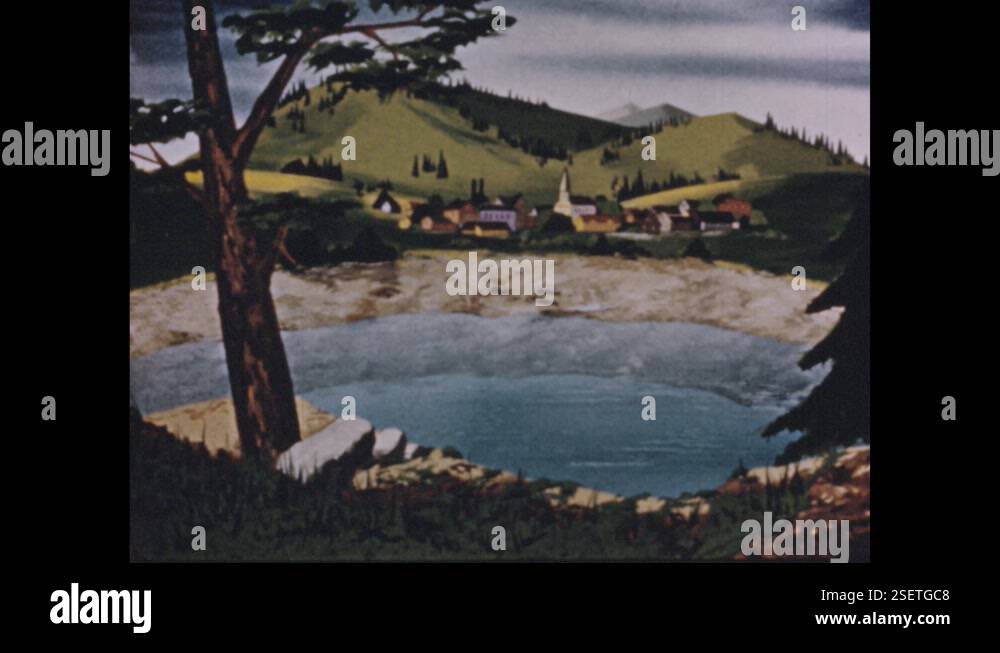 1950s: Illustration of a pond water level dropping and drying up. The ...