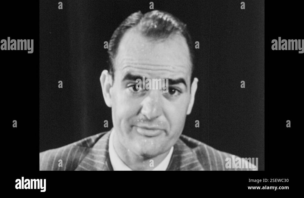 1940s: Man sits on stage and grimaces. Group of people. Captions read ...