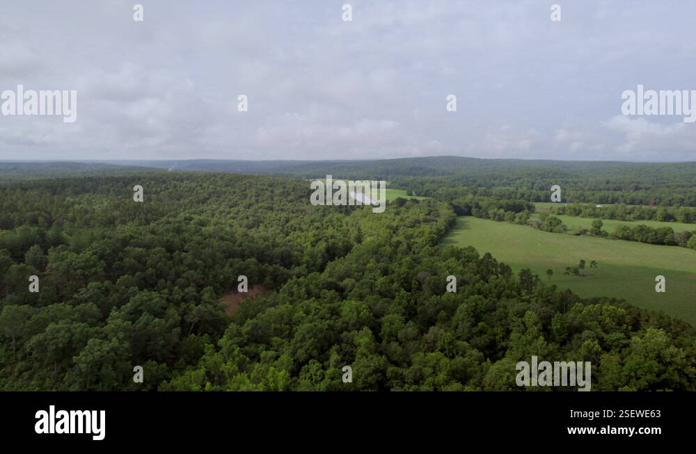 Flyover trees and fields in southern Missouri on a pretty summer day ...
