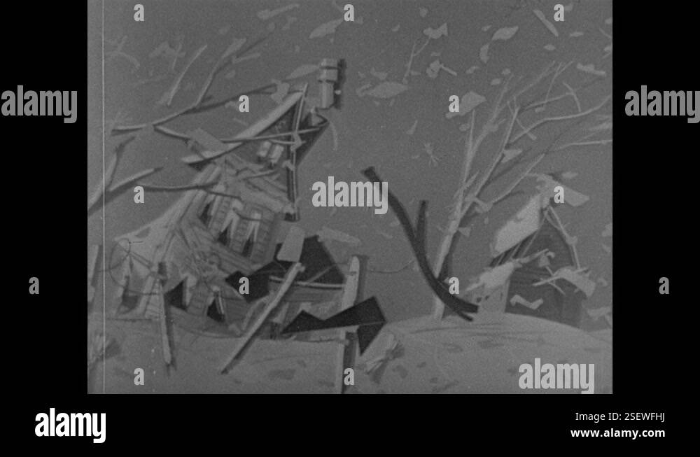 1950s: Animation. House is blown away by atomic blast. Turtle inside ...