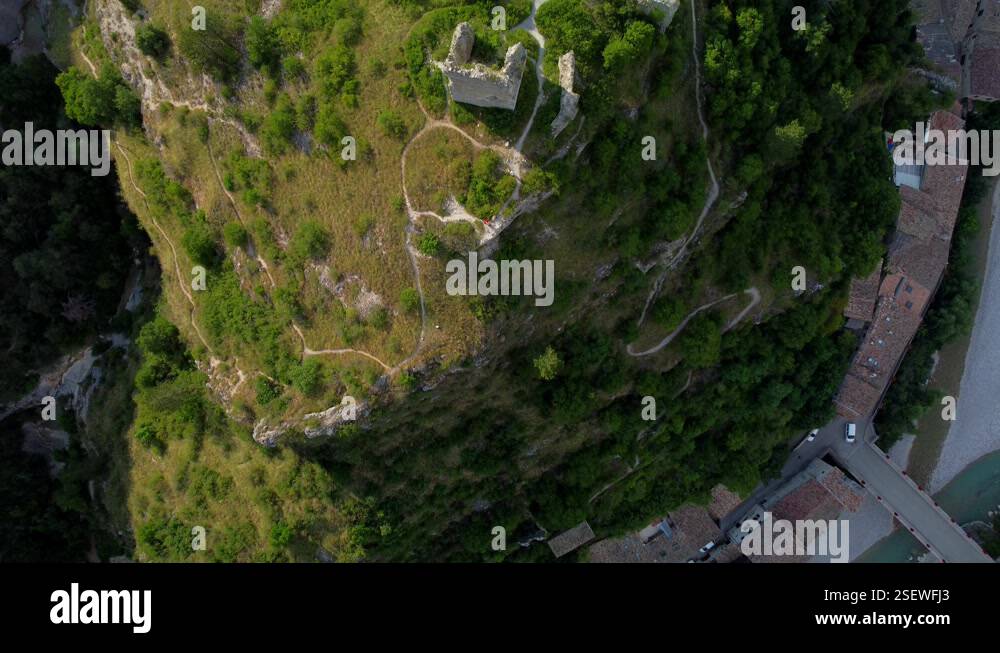 Mountain Top Castle Ruins Towering Over Small Village, Birds Eye View ...