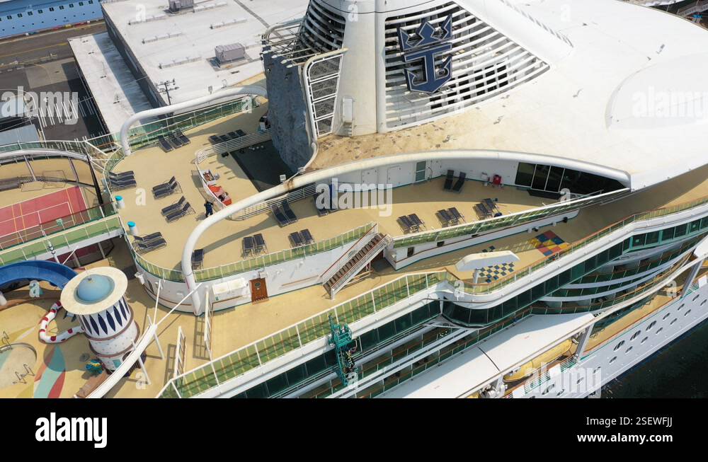 Cinematic 4K drone footage of a cruise ship's deck waiting for ...