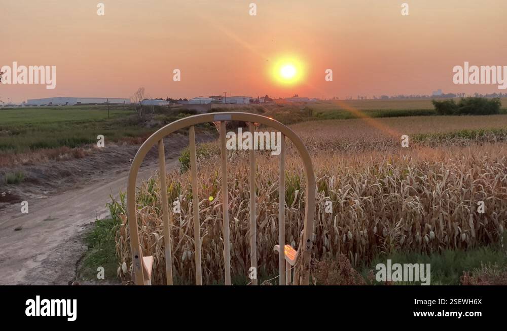 An empty rocking chair set on top of a burm facing a western farm ...