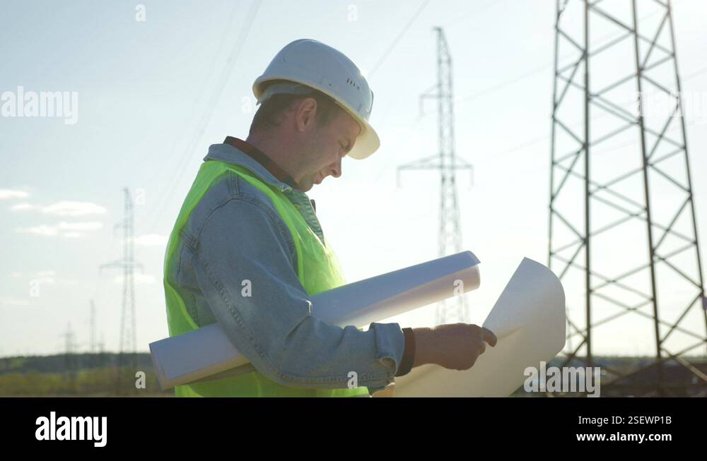 Architect Worker Checking Construction Project On Electric Tower. One ...
