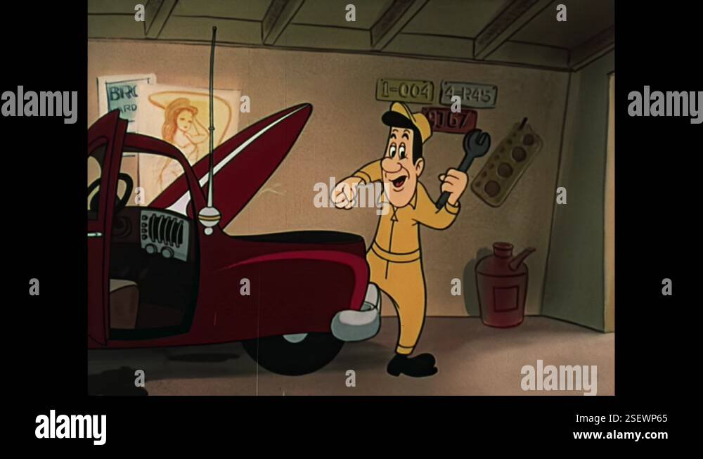 1950s: Cartoon. Ants on floor. Man hits car with wrench. Hood slams ...