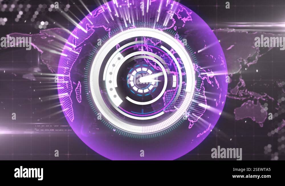 Animation of scope scanning with clock over globe and world map Stock Video Footage - Alamy