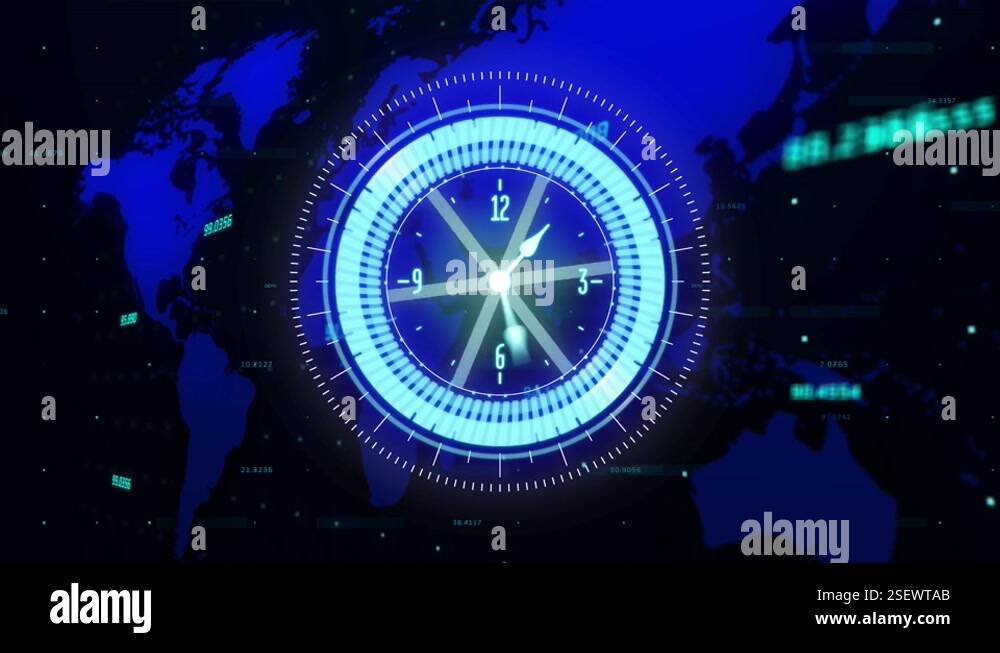 Animation of scope scanning with clock over world map on black ...