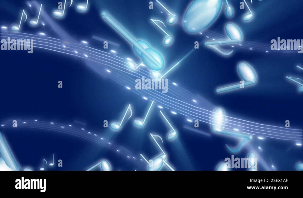 A musical staff, notes and and musical symbols float in mid-air on a ...