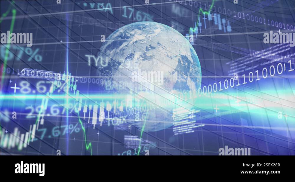 Animation of statistics and binary coding, data processing over globe ... Animation of statistics and binary coding, data processing over globe ...