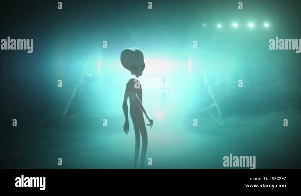 3D CGI VFX animation of a classic Roswell grey alien turning to look ...