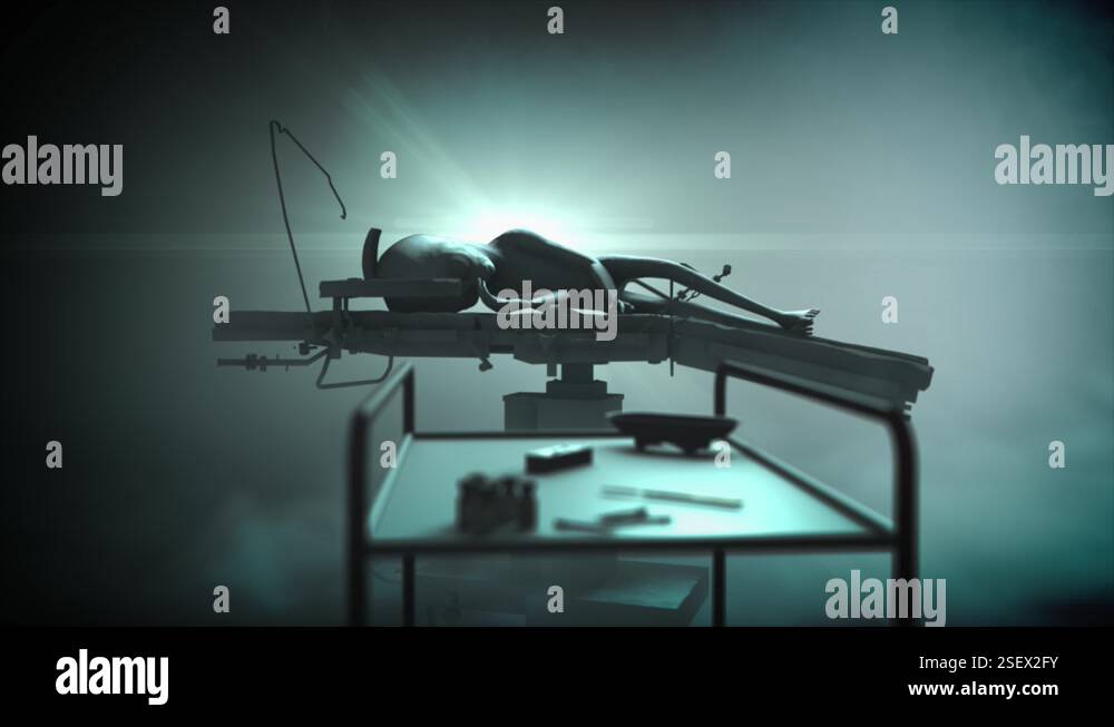 CGI scene of an alien autopsy in atmopheric smokey dark environment ...