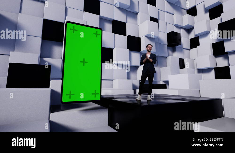 Tv presenter in virtual studio news green screen with markers flies ...