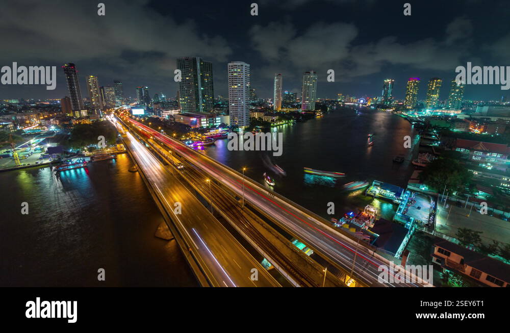 night bangkok city traffic river bridge hotel bay rooftop 4k timelapse ...