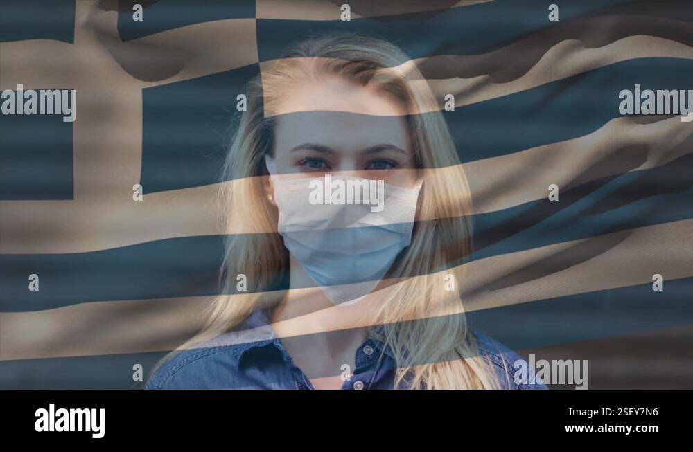 Animation of flag of greece waving over woman wearing face mask during ...