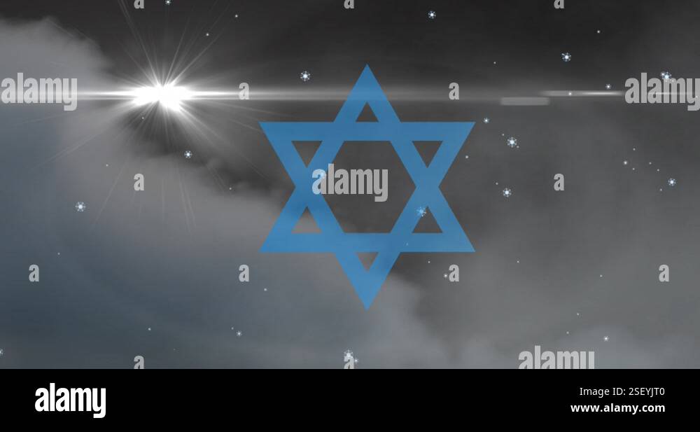 Animation of david's star and snow falling over glowing star and clouds ...