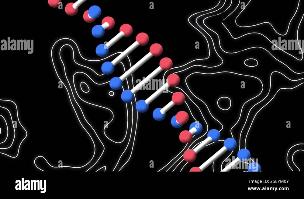 Animation of spinning dna strand and moving white lines over black ...