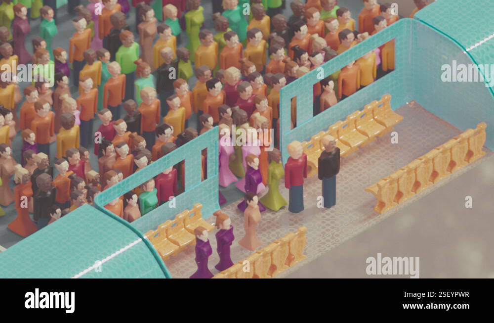 3D isometric Animation - Rush hour in public transport. Many people ...