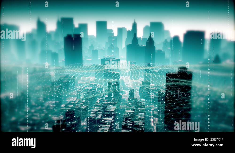 4k Big Data Digital City,binary code.Smart city and communication ...