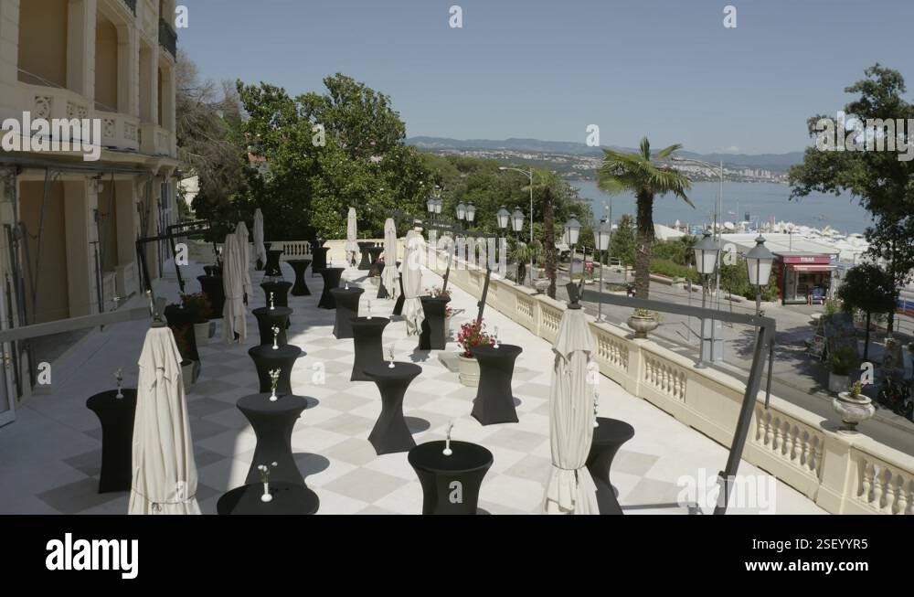 Cocktail Tables Setup For Party At Hotel Balcony Under The Sun On A ...