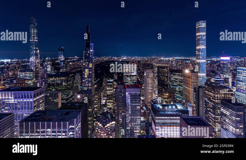 New York City Billionaires' Row Towers at Night & Central Park Aerial ...
