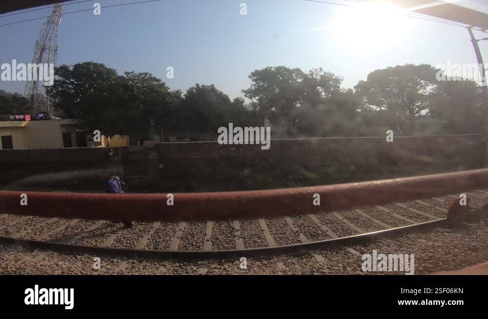 Train window leaning out point of view during long distance train ride ...