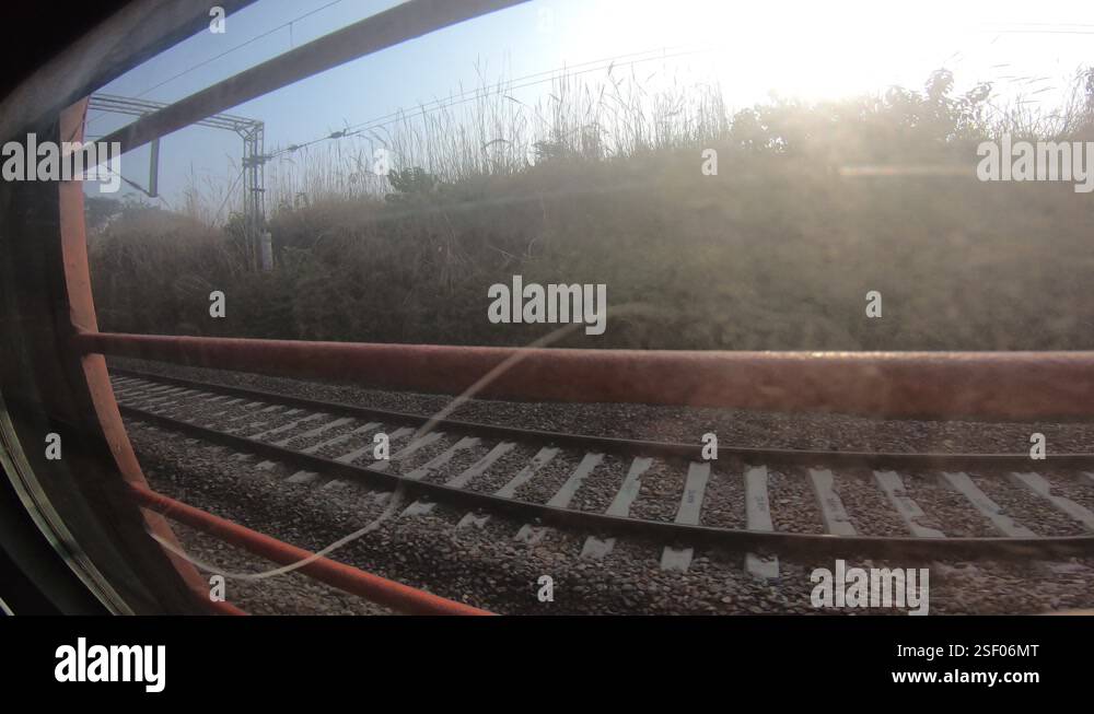 Train window leaning out point of view during long distance train ride ...