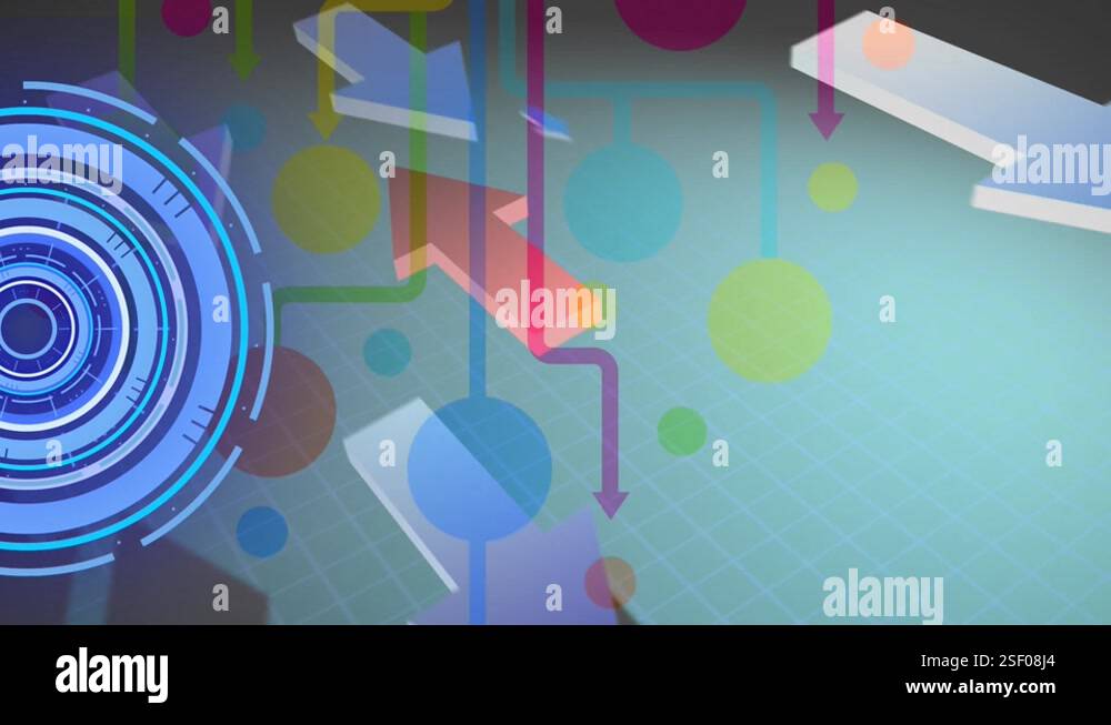 Animation of scope scanning over colourful shapes on white background ...